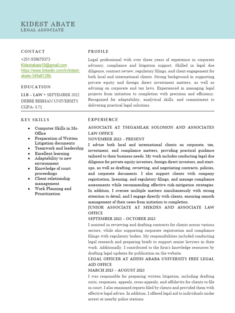 Legal Associate Profile: Kidest Abate | PDF | Regulatory Compliance ...