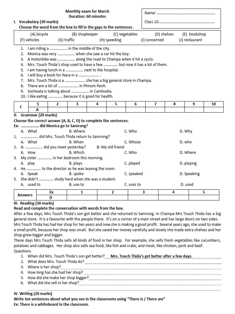 March Monthly Exam: Vocabulary & Grammar | PDF