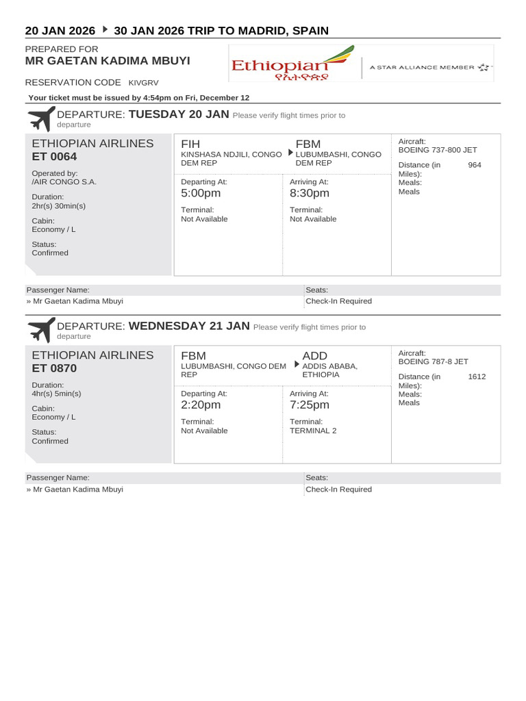 Travel Reservation January 20 For MR GAETAN KADIMA MBUYI | PDF | Jet ...