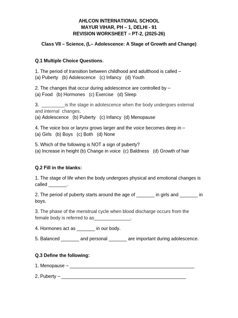 Class VII Science: Adolescence Worksheet | PDF | Adolescence | Puberty