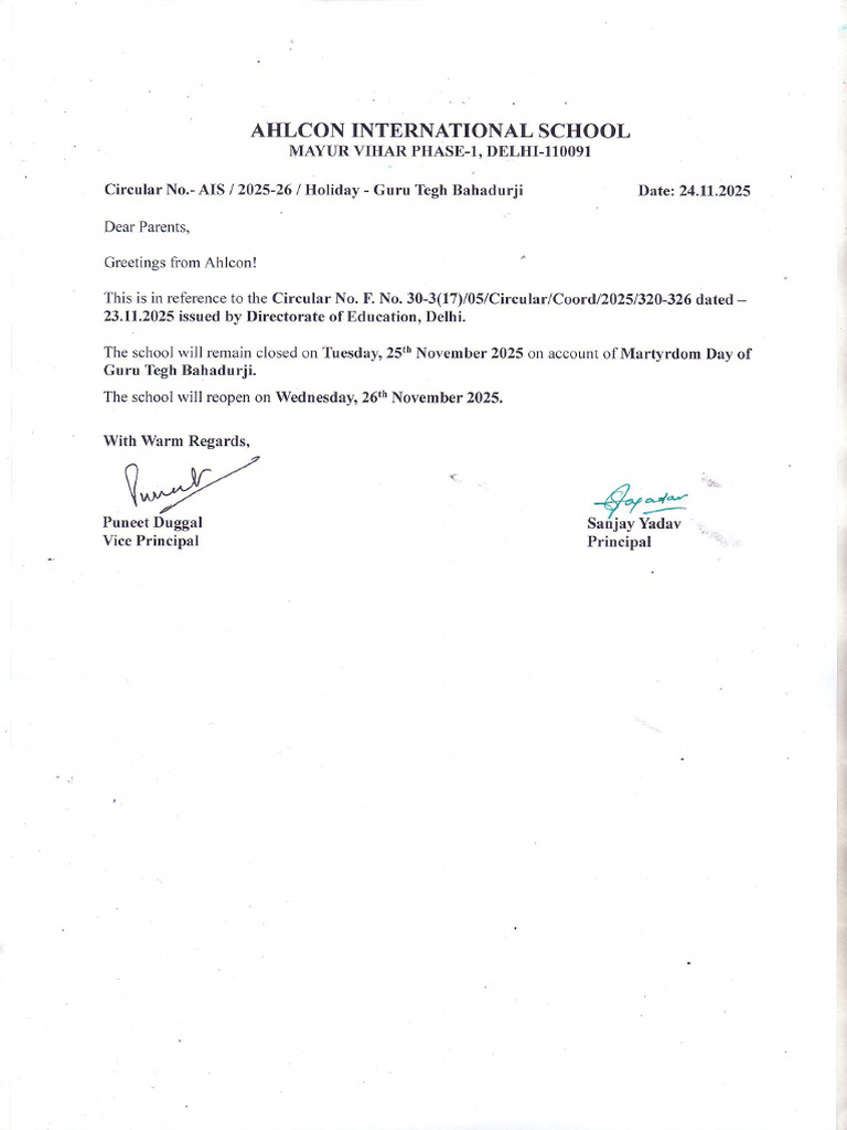 Circular - Holiday - Guru Tegh Bahadurji | PDF