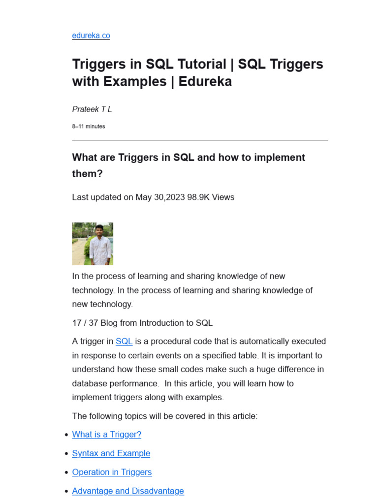 Triggers in SQL Tutorial SQL Triggers With Examples Edureka | PDF ...