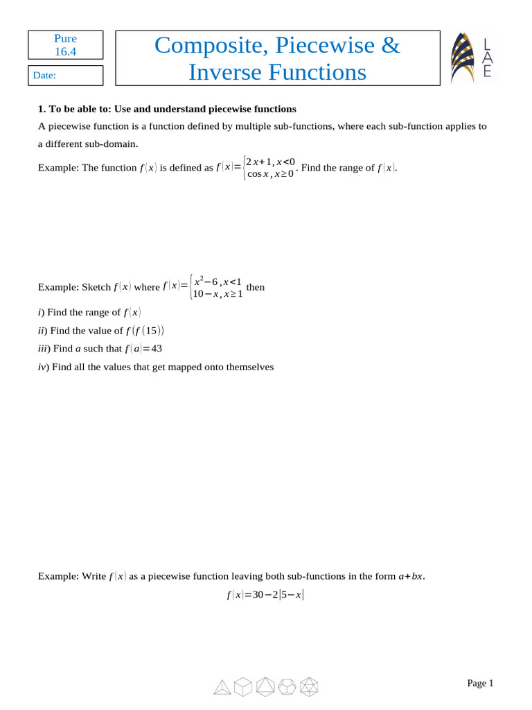 Piecewise, Composite & Inverse Functions | PDF | Function (Mathematics ...
