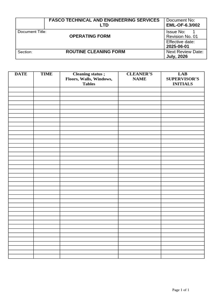EML of 6.3 002 Routine Cleaning Form - Doc 1 | PDF