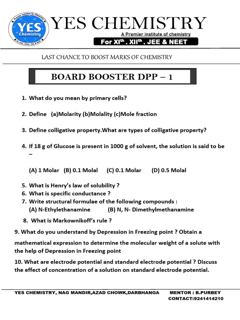 Yes Chemistry Board Booster Dpp-1 | PDF