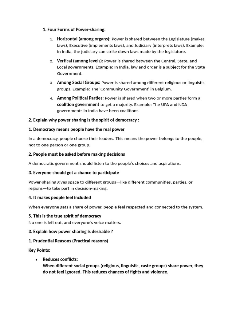 Power Sharing Important Notes | PDF | Democracy | Political Ideologies