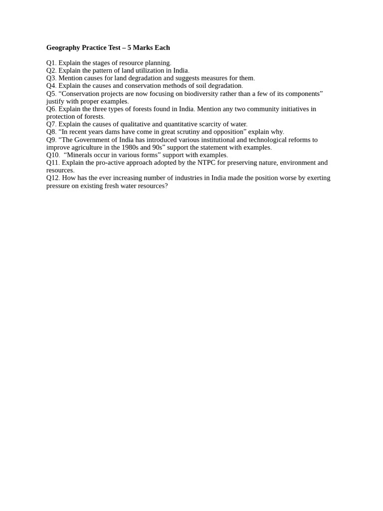 Question Paper - Geography Practice Test | PDF