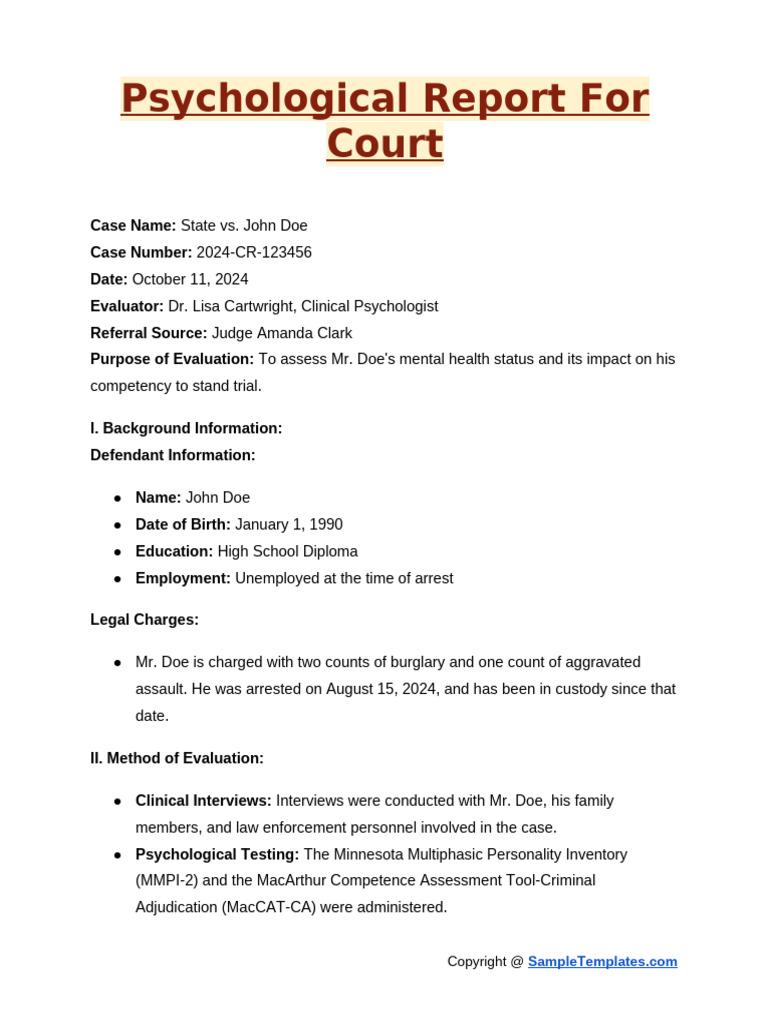 Psychological Report For Court | PDF | Competence (Law) | Psychology