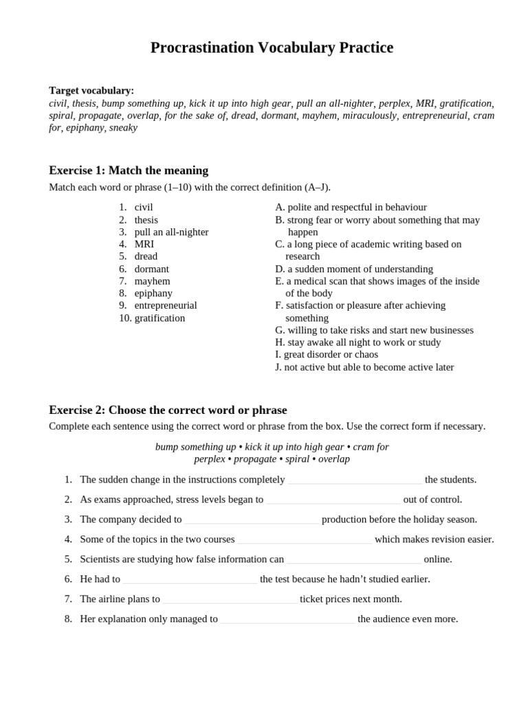 B2 Vocabulary Practice Worksheet | PDF | Behavioural Sciences ...