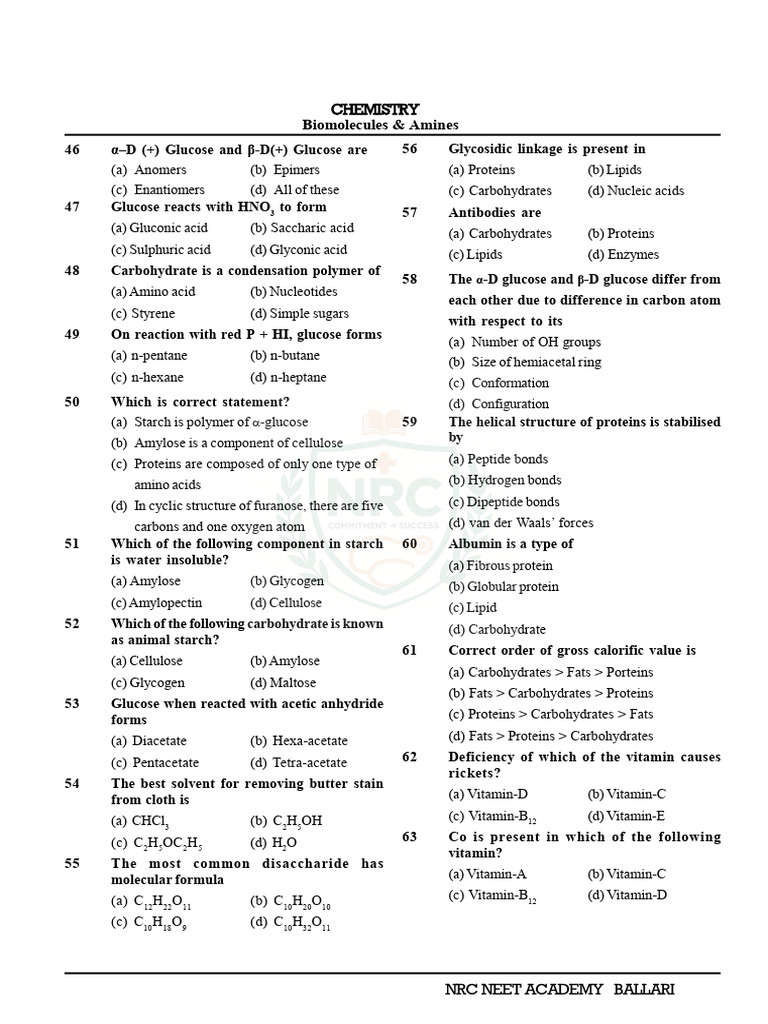 Test 103 Biomolecules PDF | PDF | Carbohydrates | Glucose