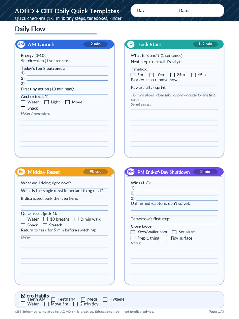 ADHD Daily CBT Templates for Success | PDF