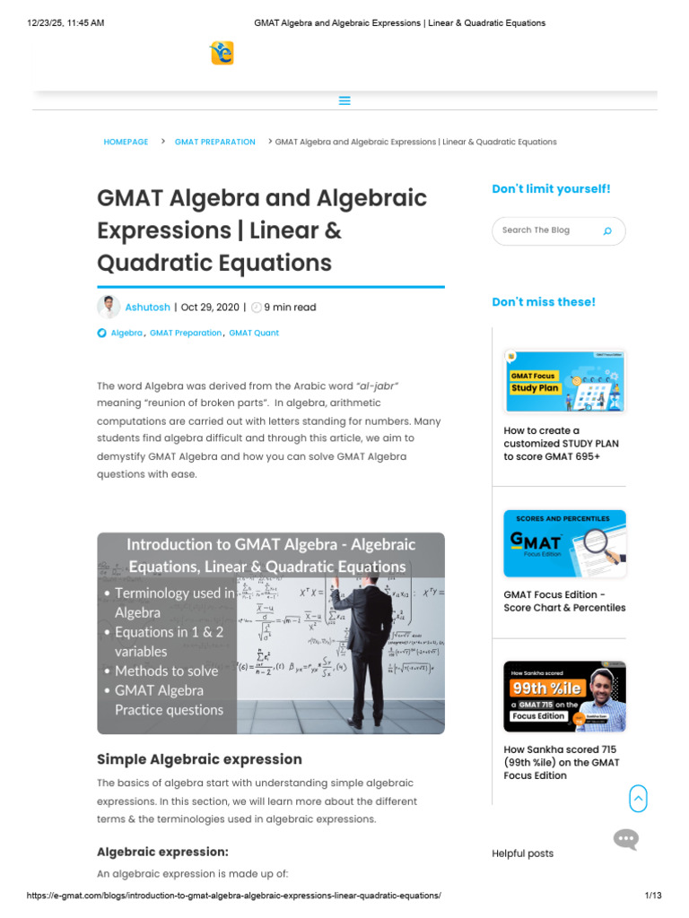 GMAT Algebra: Expressions & Equations Guide | PDF | Equations ...