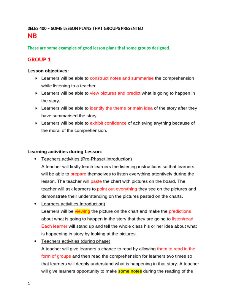 3 Eles 400 - Some Good Lesson Plans That Groups Presented | PDF ...