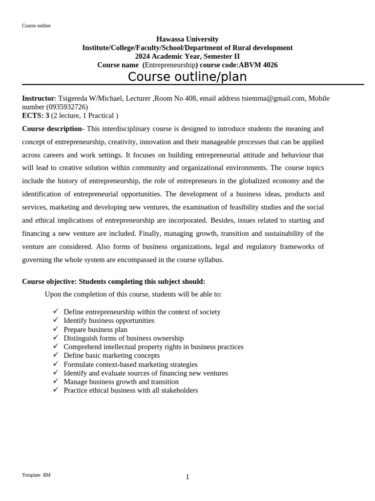 Entrepreneurship Course Outline 2024 | PDF | Entrepreneurship | Business