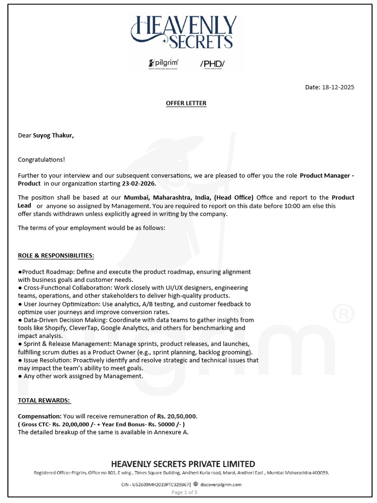 Product Manager Offer Letter - Mumbai | PDF | Scrum (Software ...