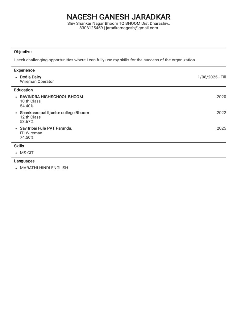 Nagesh Jaradkar - Wireman Operator Resume | PDF