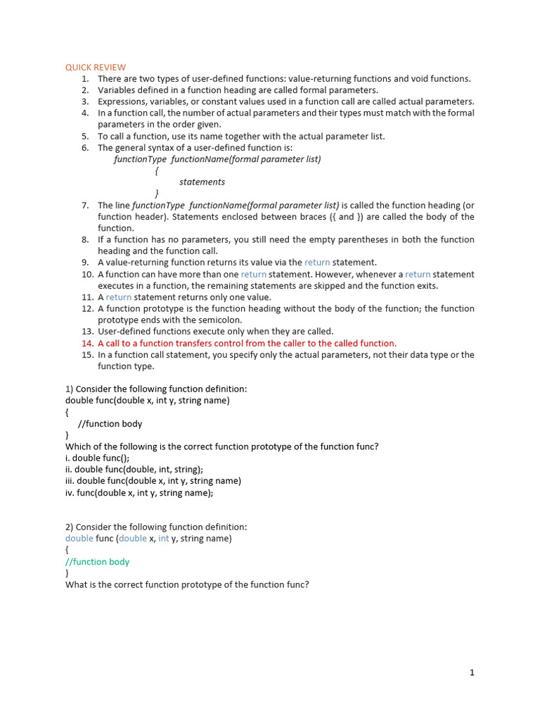 Quick Review and Sample Questions | PDF | Parameter (Computer ...