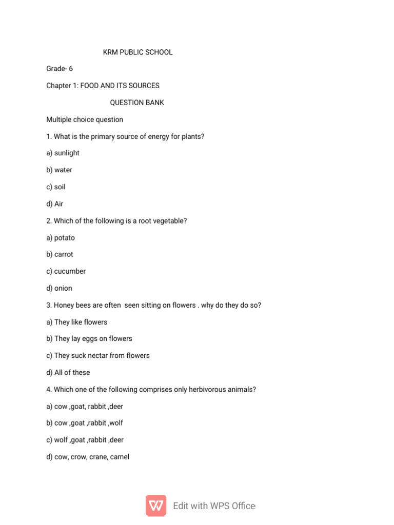 Grade 6 Food Sources Question Bank | PDF | Foods | Plants