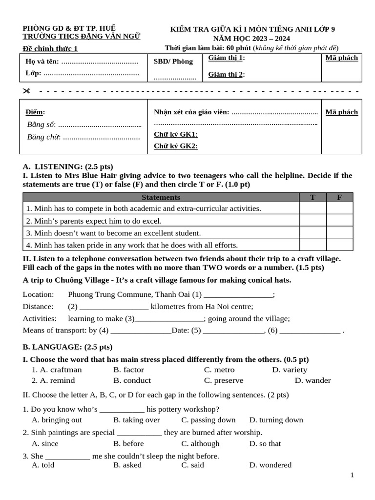 English Test for 9th Grade Students | PDF