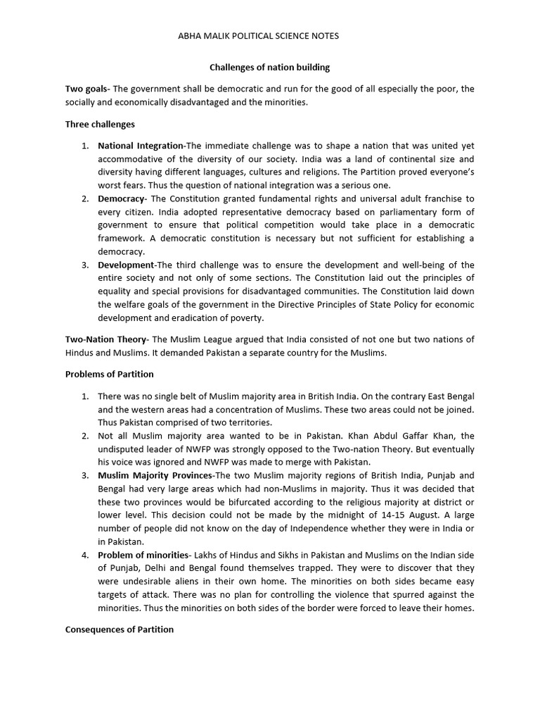 Nation Building Challenges in India | PDF | Partition Of India | Two ...