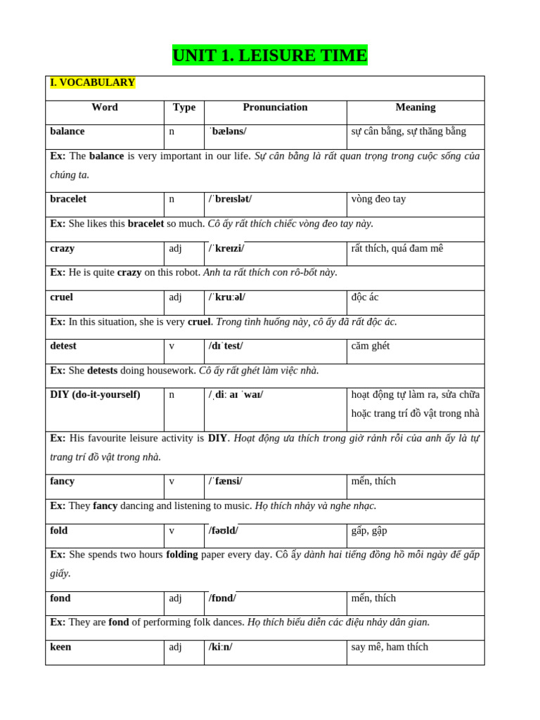 Anh 8 Global Unit 1 Leisure Time | PDF