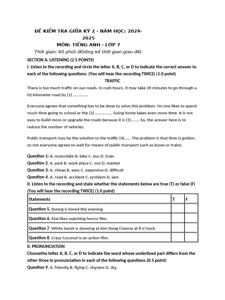 English Test for 7th Grade - Midterm 2024 | PDF