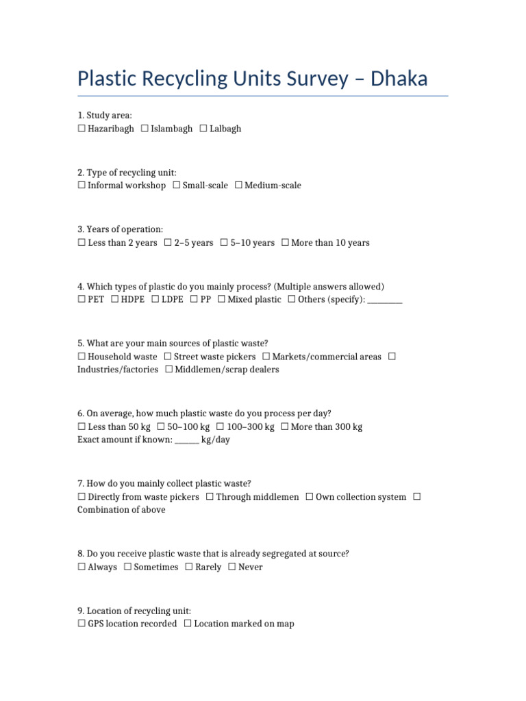 Dhaka Plastic Recycling Units Survey | PDF | Waste Management | Recycling