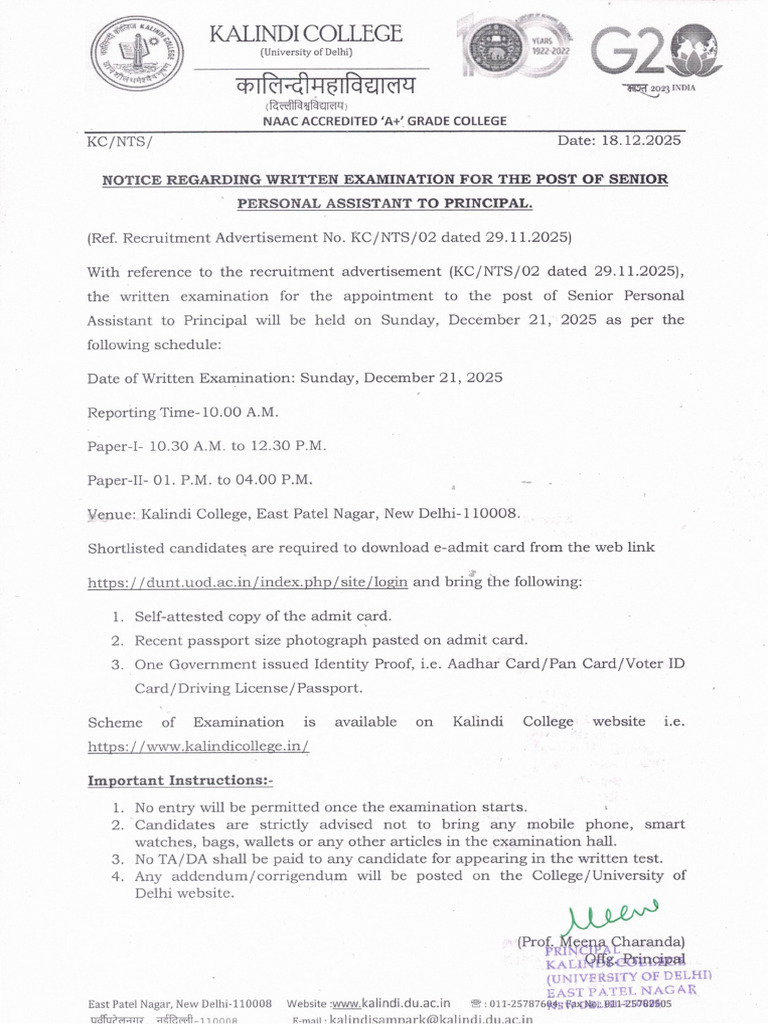 Notice Regarding Written Test For The Post of SPA To Principal | PDF