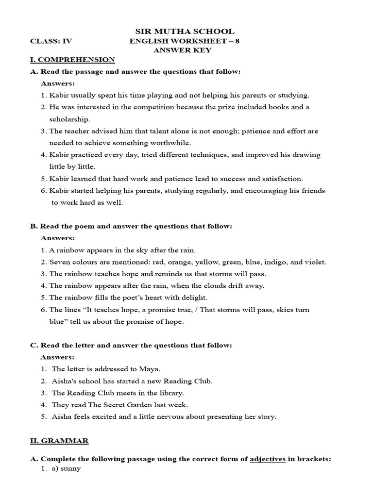 Class IV English Worksheet Answer Key | PDF | Classroom