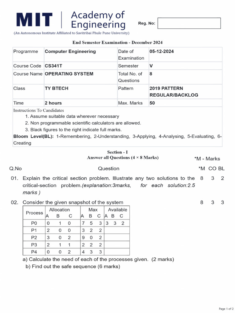 TY Btech CS Operating System SEM-V DEC 2024 | PDF