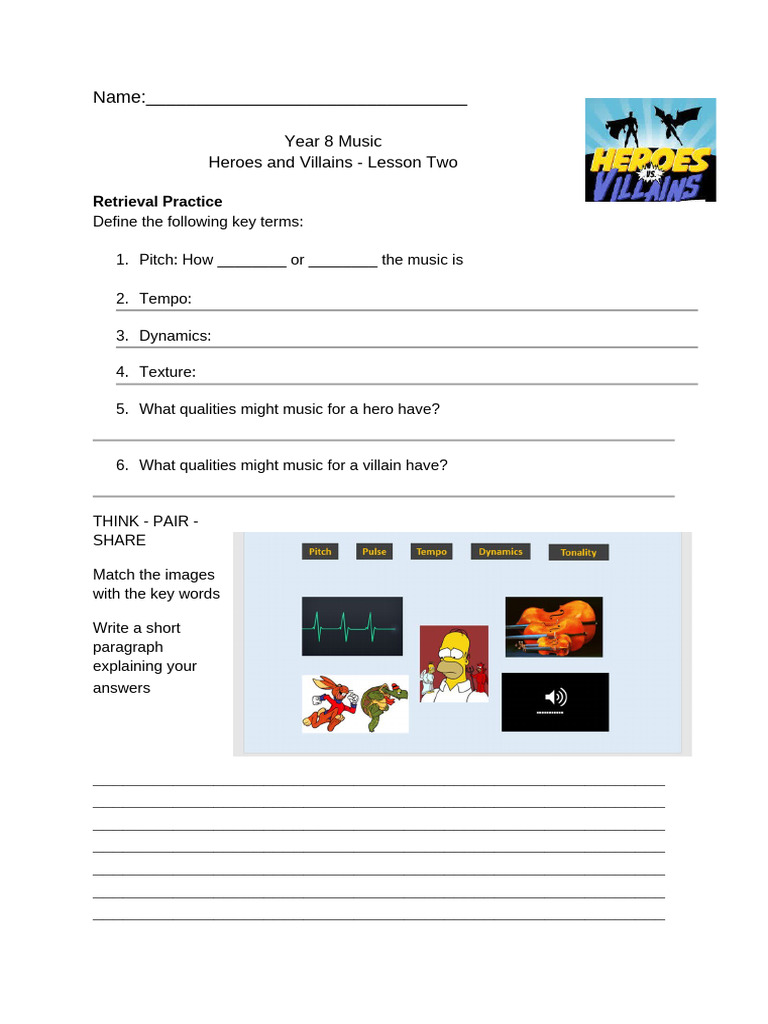 Y8 Heroes and Villains Lesson Two Handout | PDF