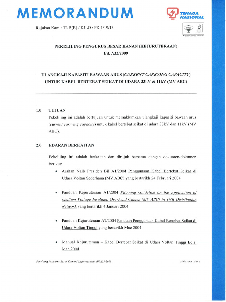 TNB ABC Cables 2009-Pekeliling Current Carrying Capacity RVW 33kv 11kv ...