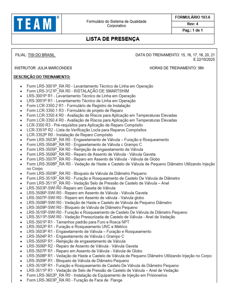 Lista de Presença para Treinamento TISI | PDF | Válvula | Engenharia ...