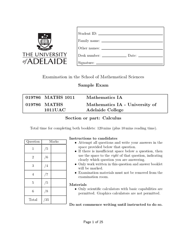IA Calc Sample Exam | PDF | Function (Mathematics) | Calculus