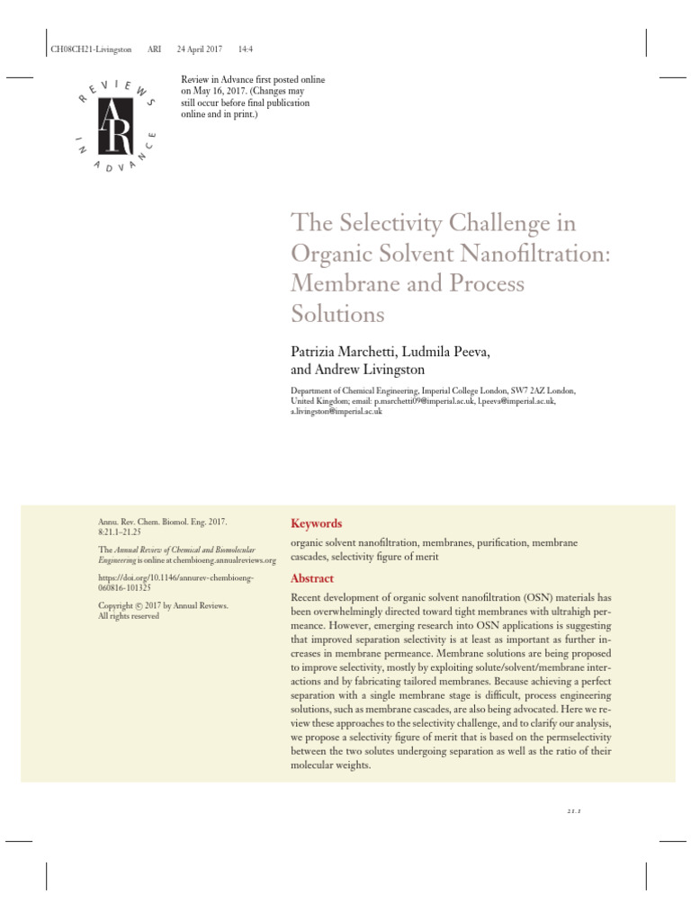 Selectivity in Organic Solvent Nanofiltration | PDF | Membrane | Materials
