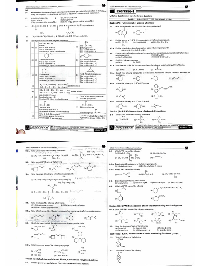 Resonance XI Chem - IUPAC Nomenclature Exercise | PDF