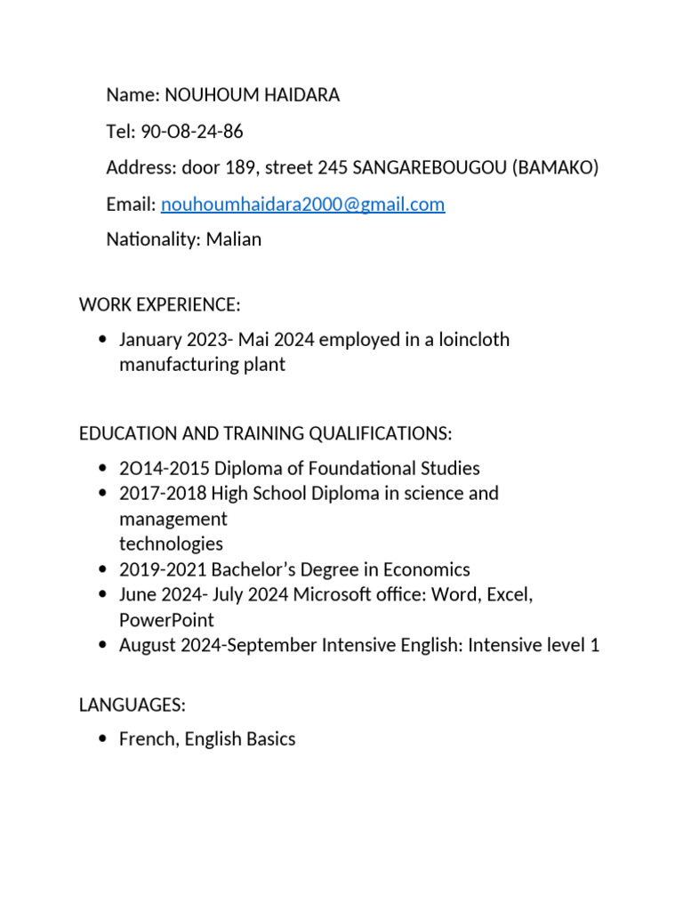 Malian Resume: Nouhoum Haidara | PDF