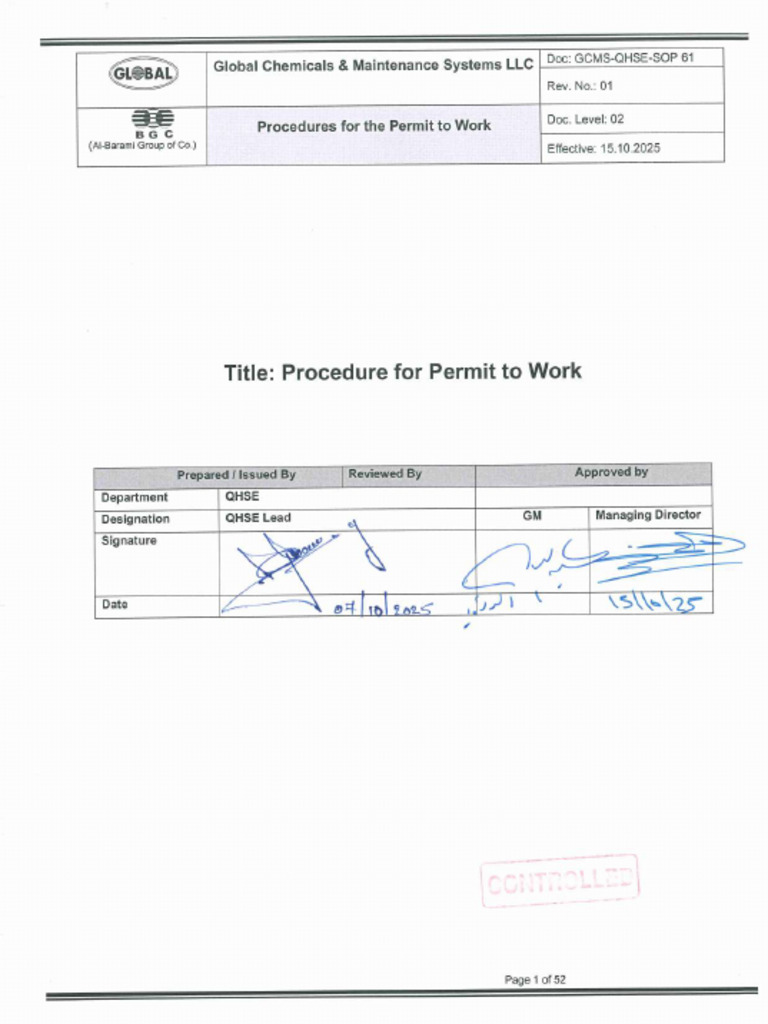 GCMS-QHSE-SOP-61 Procedure For Permit To Work - Compressed | PDF