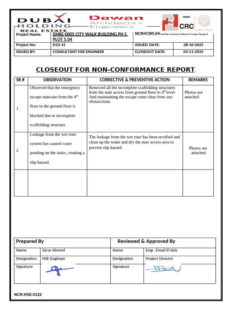 CW5.4 DAE CRC NCR HSE 0123 Compliance With Safe Access and Egress ...