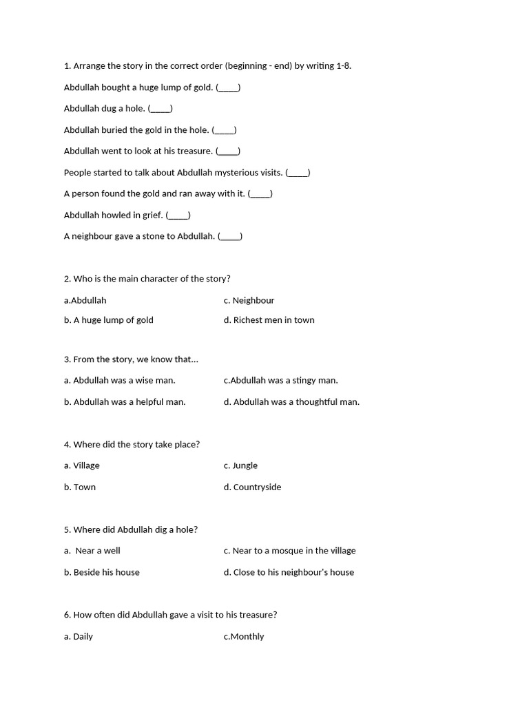 Abdullah's Gold: Story Order & Quiz | PDF