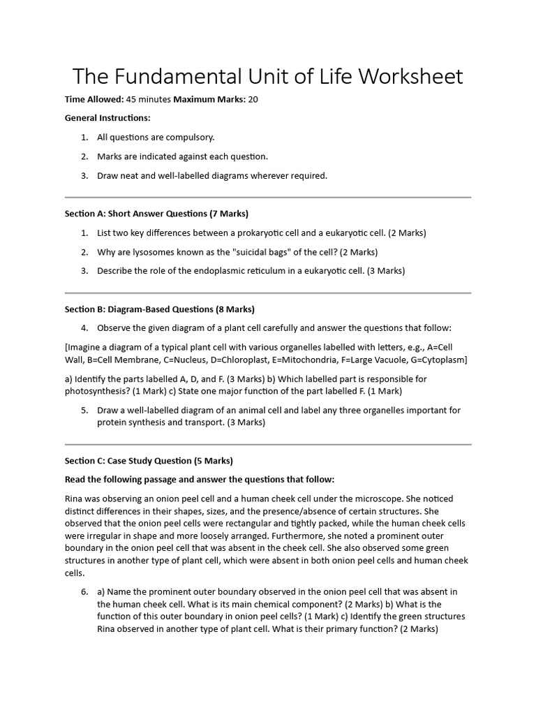 The Fundamental Unit of Life Worksheet | PDF