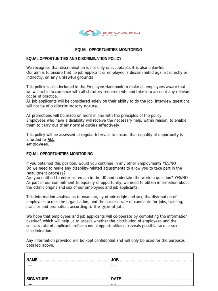 Equal Opportunities Monitoring Policy | PDF | Equal Opportunity ...
