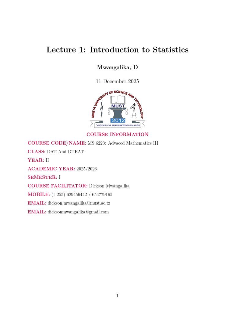 Lecture 1 Introduction To Statistics | PDF | Statistics | Descriptive ...