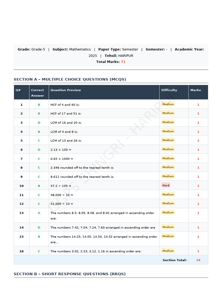 Mathematics Grade-5 Semester Answer-Key | PDF | Educational Assessment ...