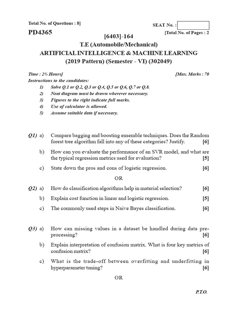 AI & ML Exam Questions for Engineers | PDF | Machine Learning ...