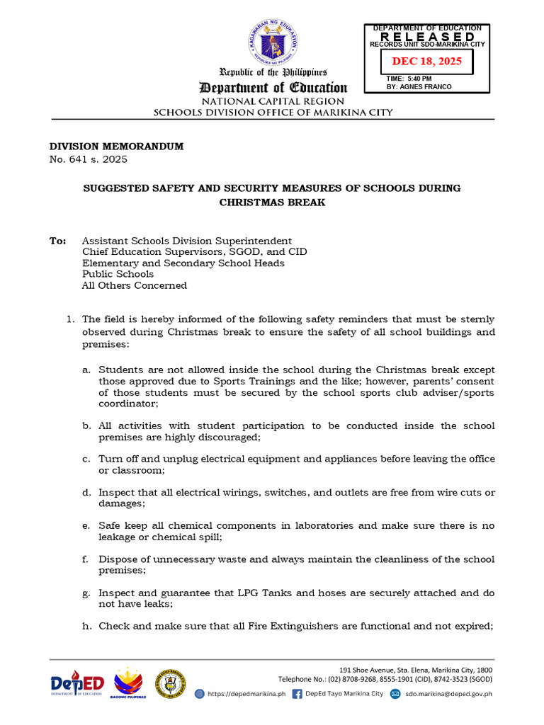Division Memorandum No. 641 s. 2025 Suggested Safety and Security ...