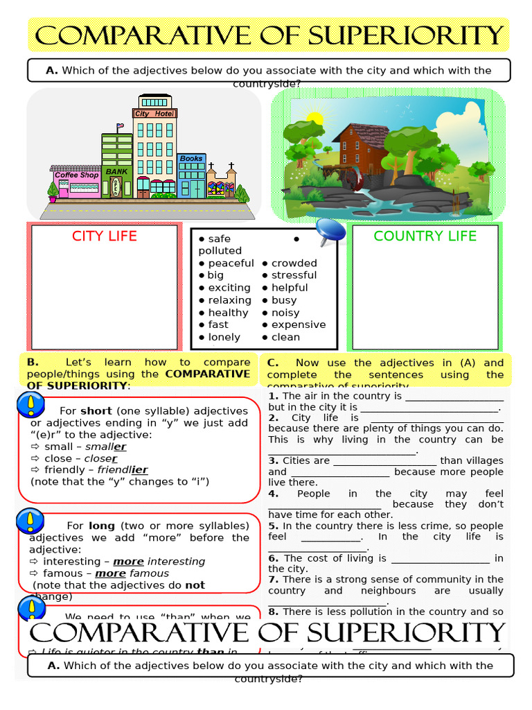 City Vs Country Life Comparative of Superiority Grammar Drills Grammar ...