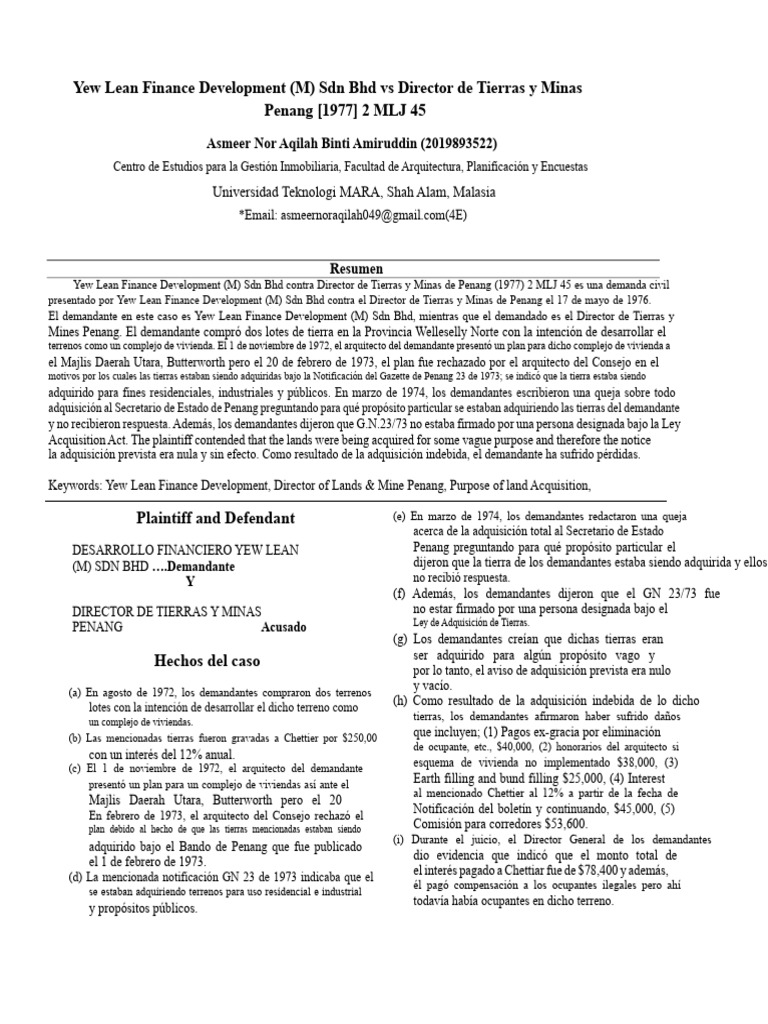 Yew Lean Finance vs Director de Tierras Penang | PDF | Gobierno | Justicia