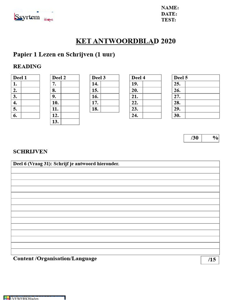 Antwoordblad - Sleutel Engelse Test | PDF