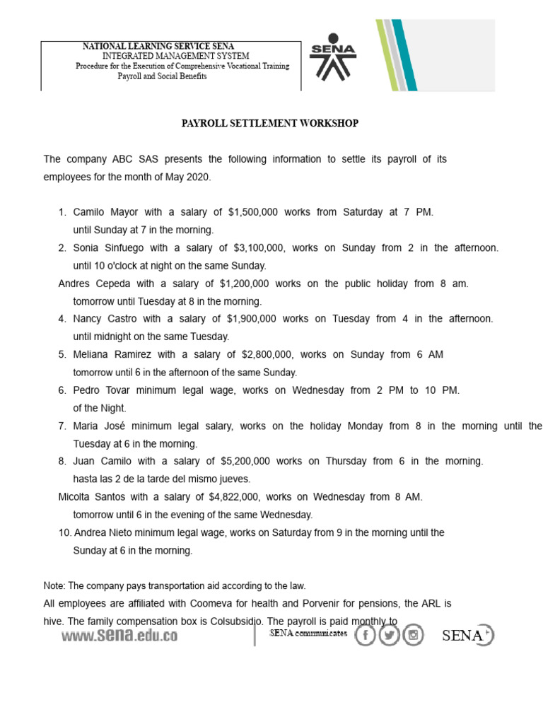 Payroll Settlement Procedure for SENA | PDF